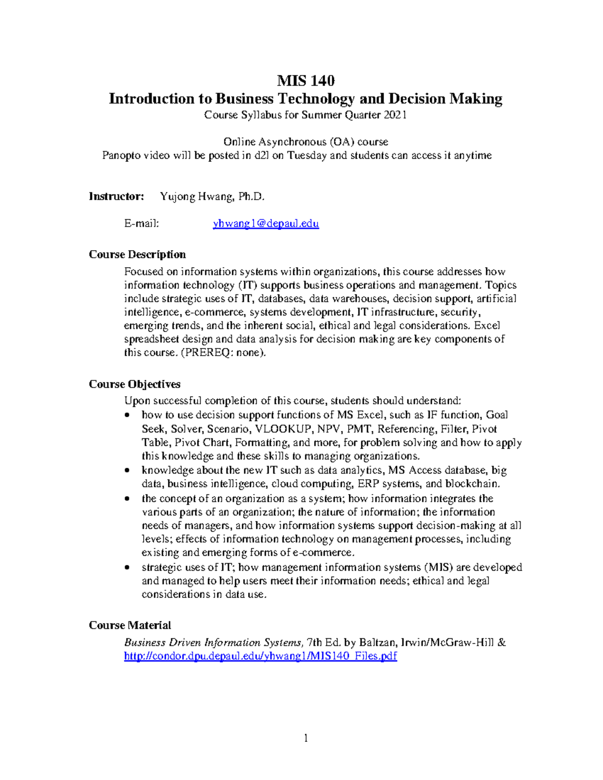 Syllabus MIS 140 2021 Summer Online - MIS 140 - Studocu