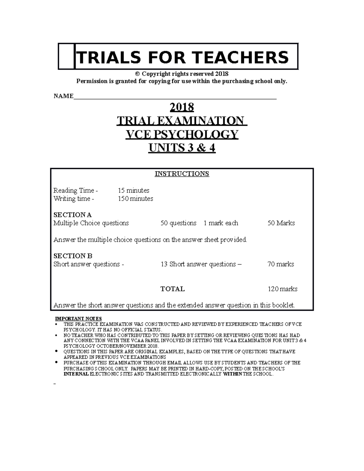 TFT UNIT 34 Exam 2018 AUG 14 - TRIALS FOR TEACHERS. © Copyright rights ...
