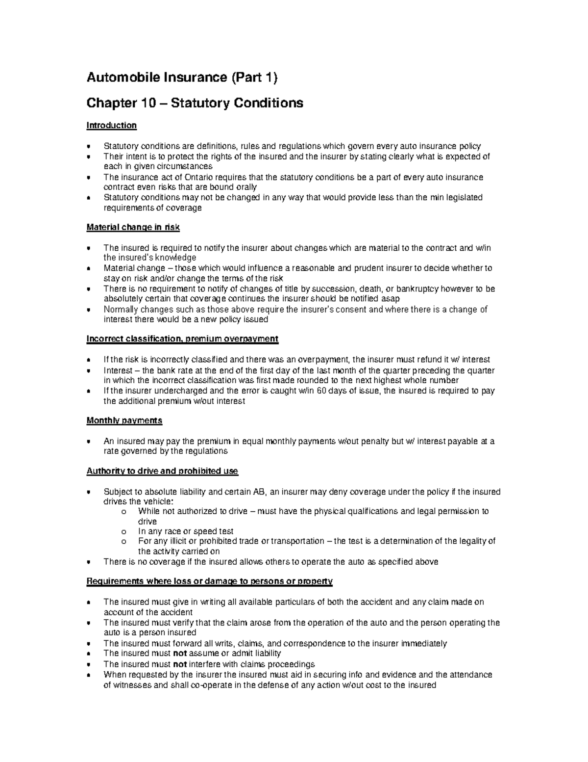 Chapter 10–Statutory Conditions - Automobile Insurance (Part 1) Chapter ...