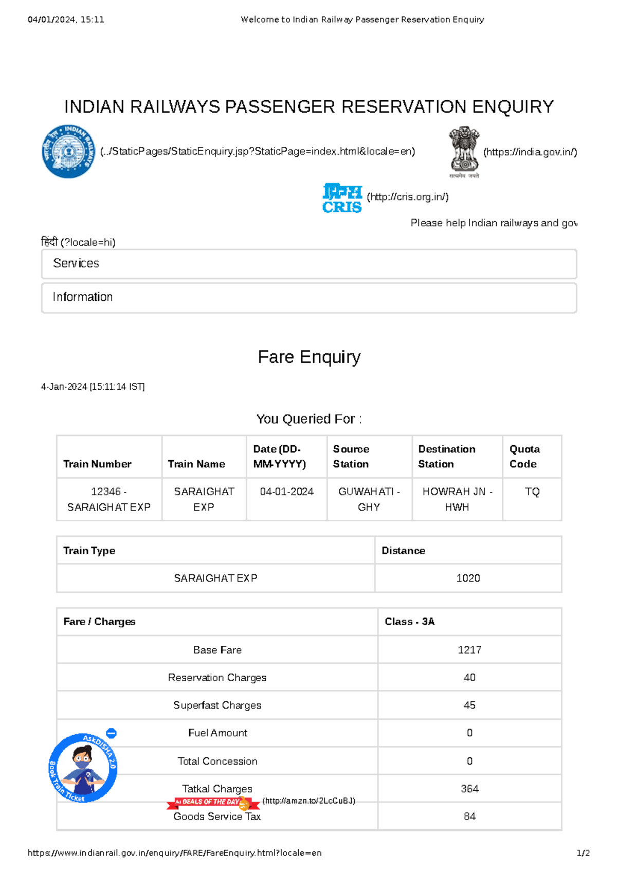 Sample Fare Chart - 04/01/2024, 15:11 Welcome to Indian Railway ...