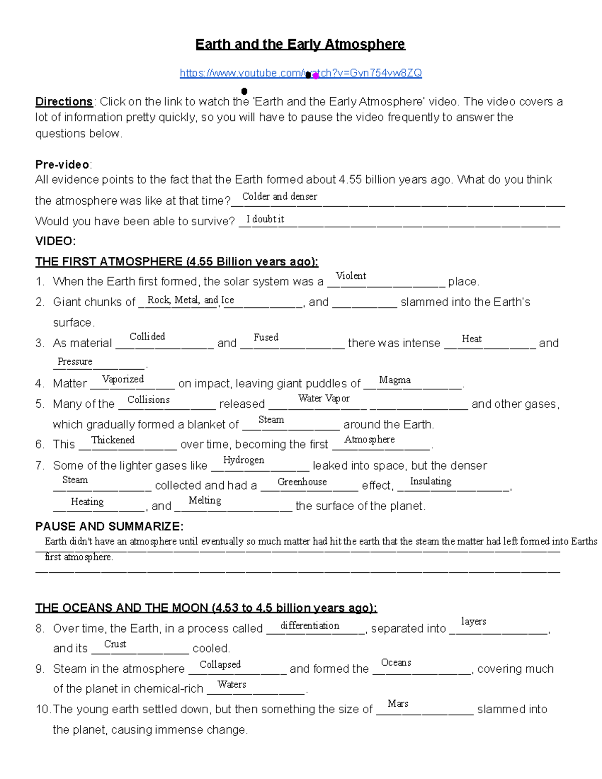 Charlie Kochlacs - The Early Atmosphere cloze reader - Earth and the ...