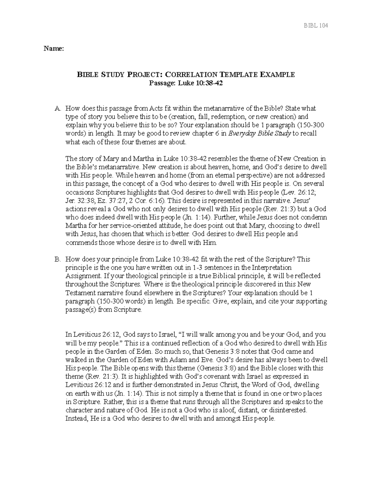 Bible Study Project Correlation Template Example - BIBL 104 Name: BIBLE ...