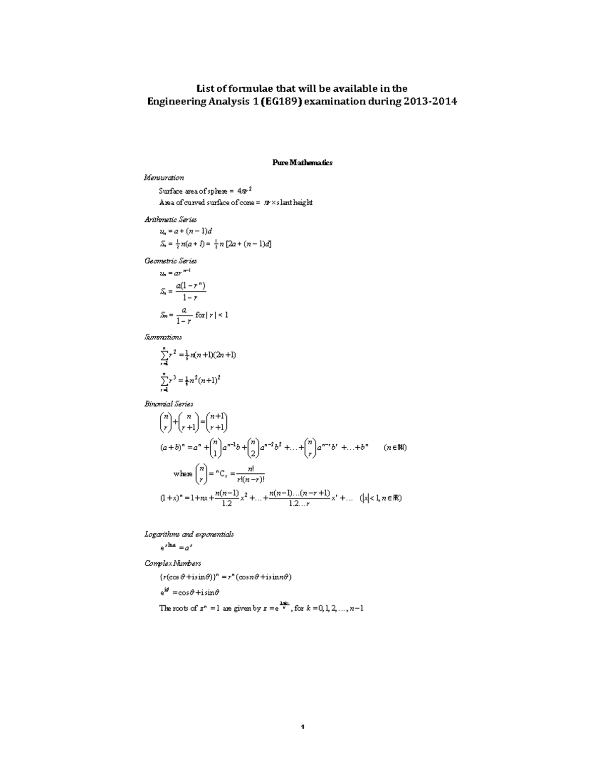Formula sheet - List of formulae that will be available in the ...