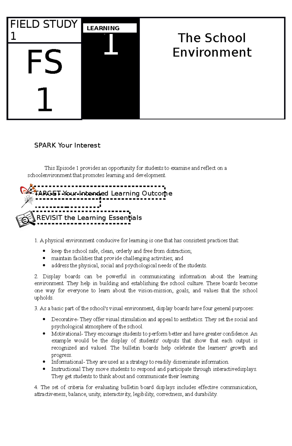 Learning Episode 1 - Copy - FIELD STUDY 1 1 The School Environment FS 1 ...