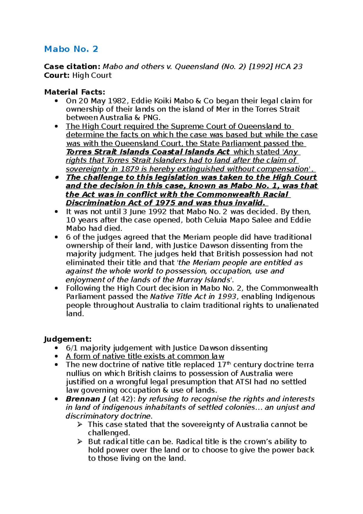 Mabo No 2 Case Summary - Mabo No. 2 Case citation: Mabo and others v ...