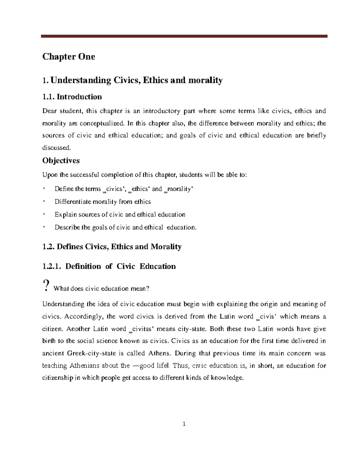 4 6037396594108665912 - Chapter One 1. Understanding Civics, Ethics and morality 1. Introduction ...
