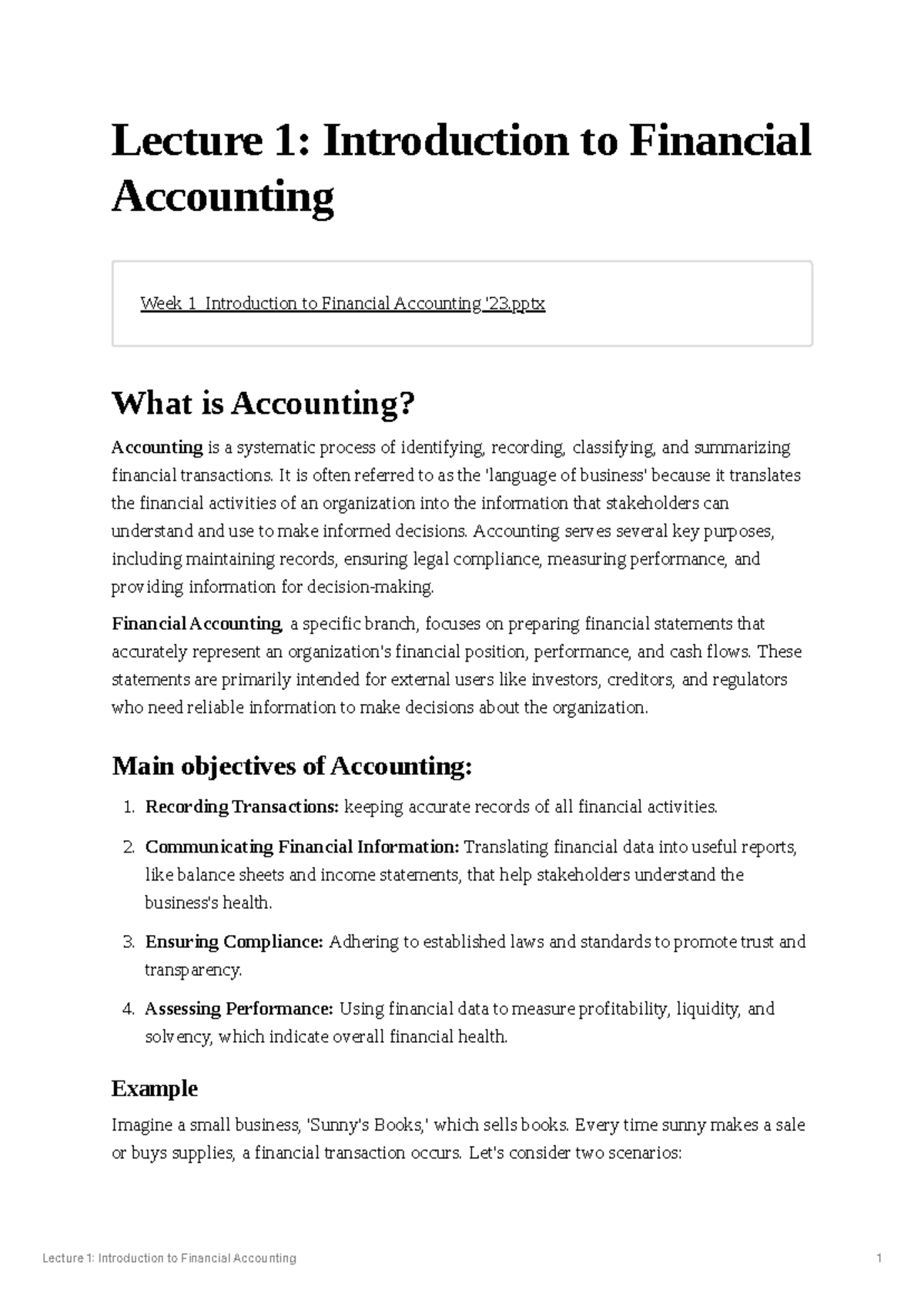 Lecture 1- Introduction to financial accounting - Lecture 1: Introduction to Financial ...