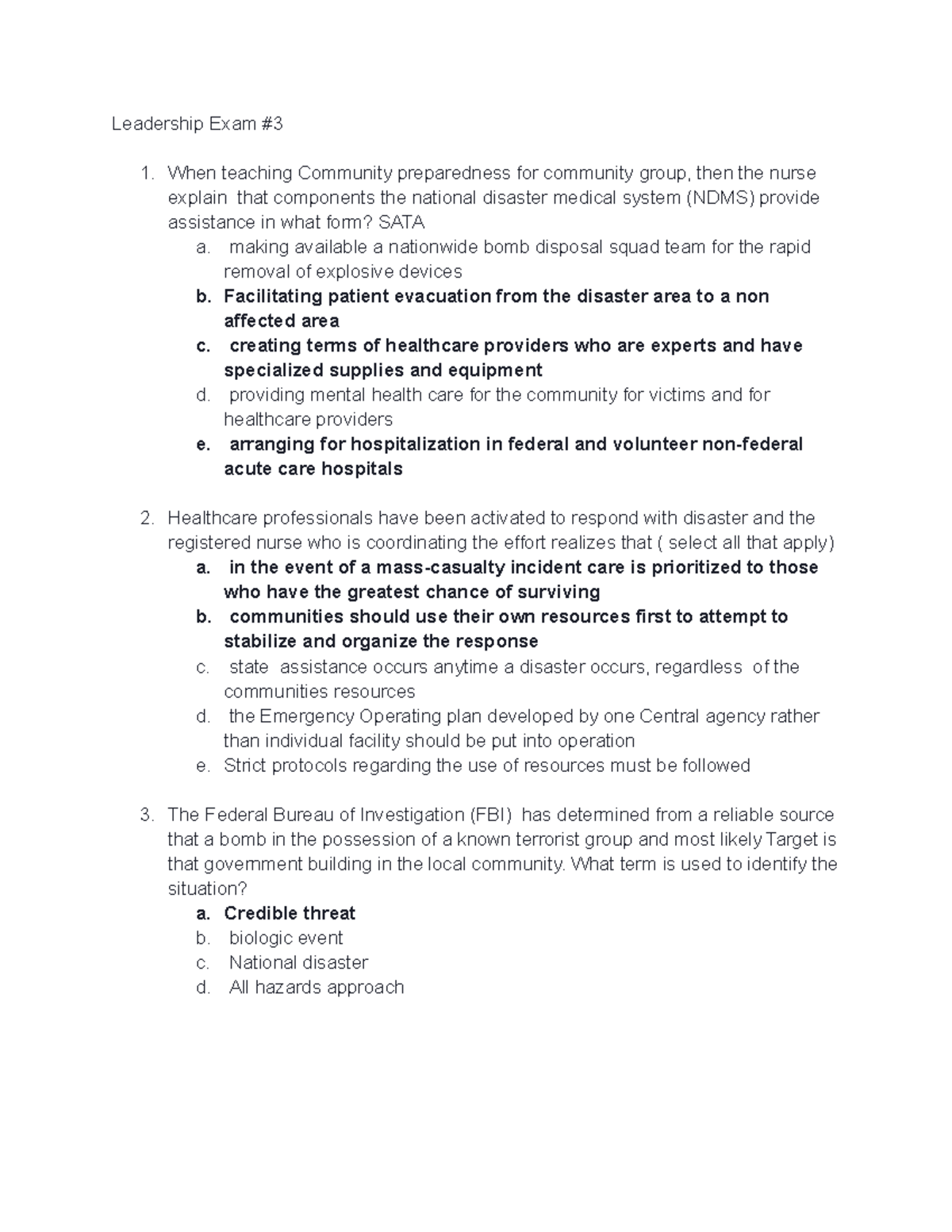 Leadership Exam 3 version 2 - Leadership Exam # 1. When teaching ...