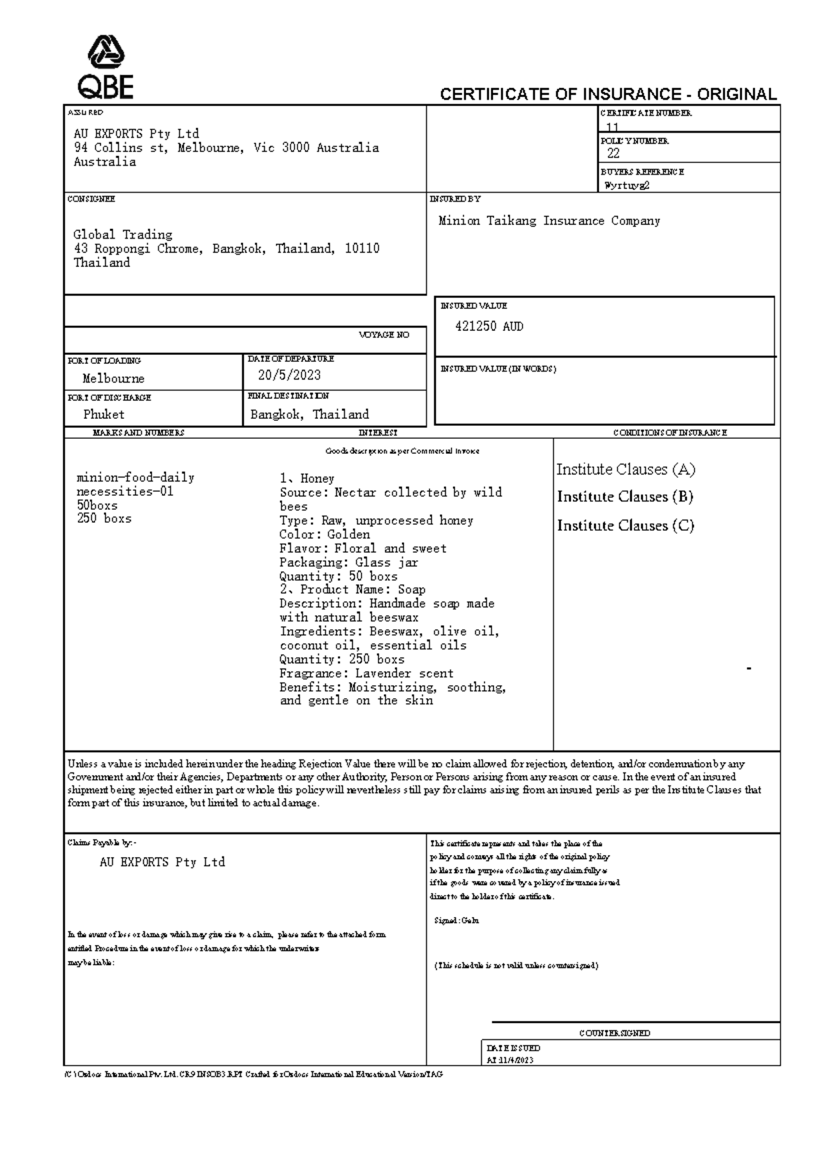 Certificate of Insurance - INSURED BY BUYERS REFERENCE ASSURED ...