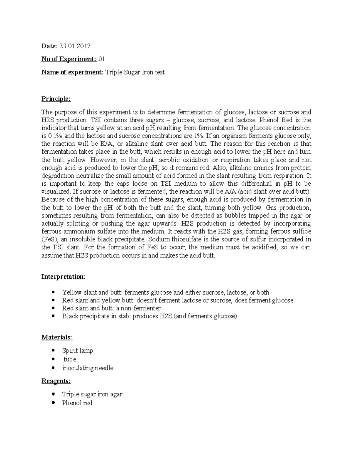 Experiment 1 Lab Work Date 23 No Of Experiment 01 Name Of Experiment Triple Sugar Iron 