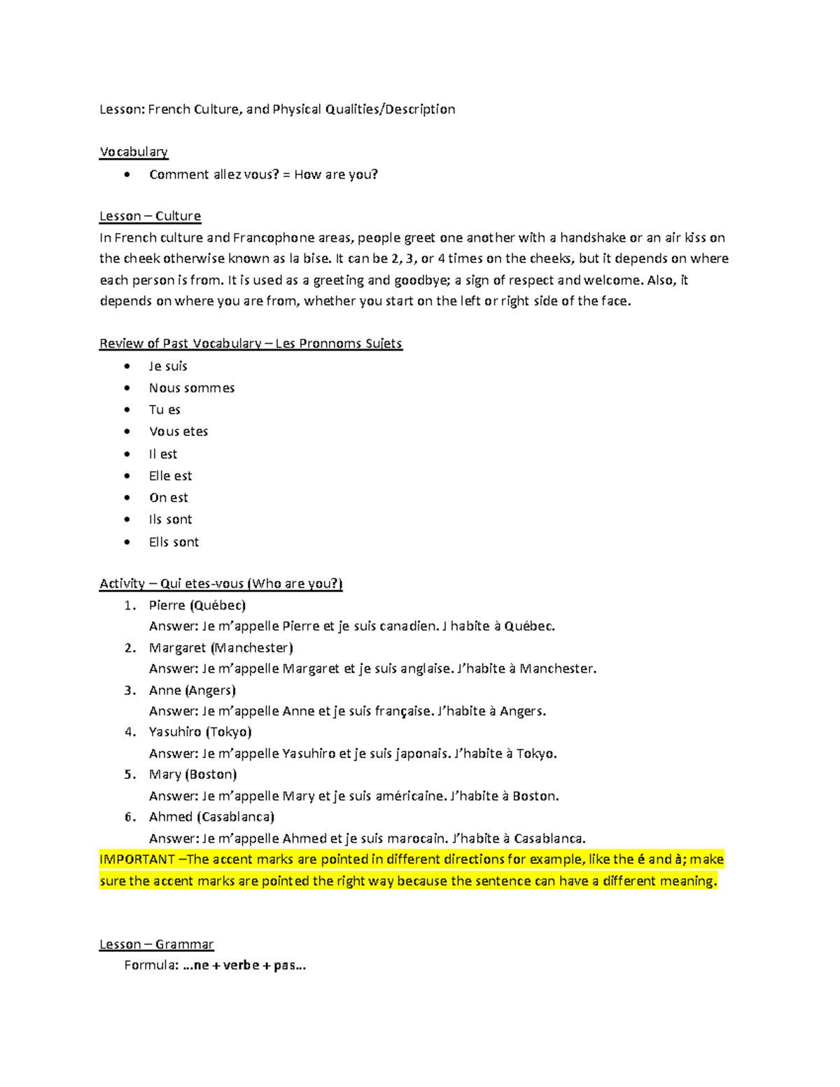 French 101 - French Culture, and Physical Qualities or Description ...