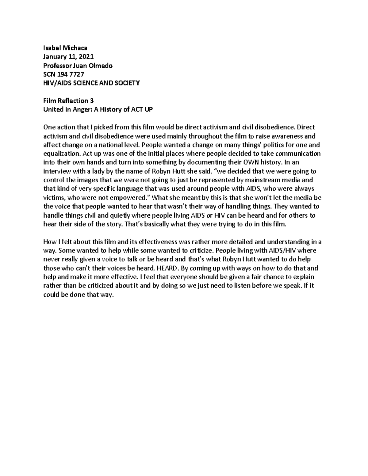 Film Reflection 3 - N/A - Isabel Michaca January 11, 2021 Professor ...