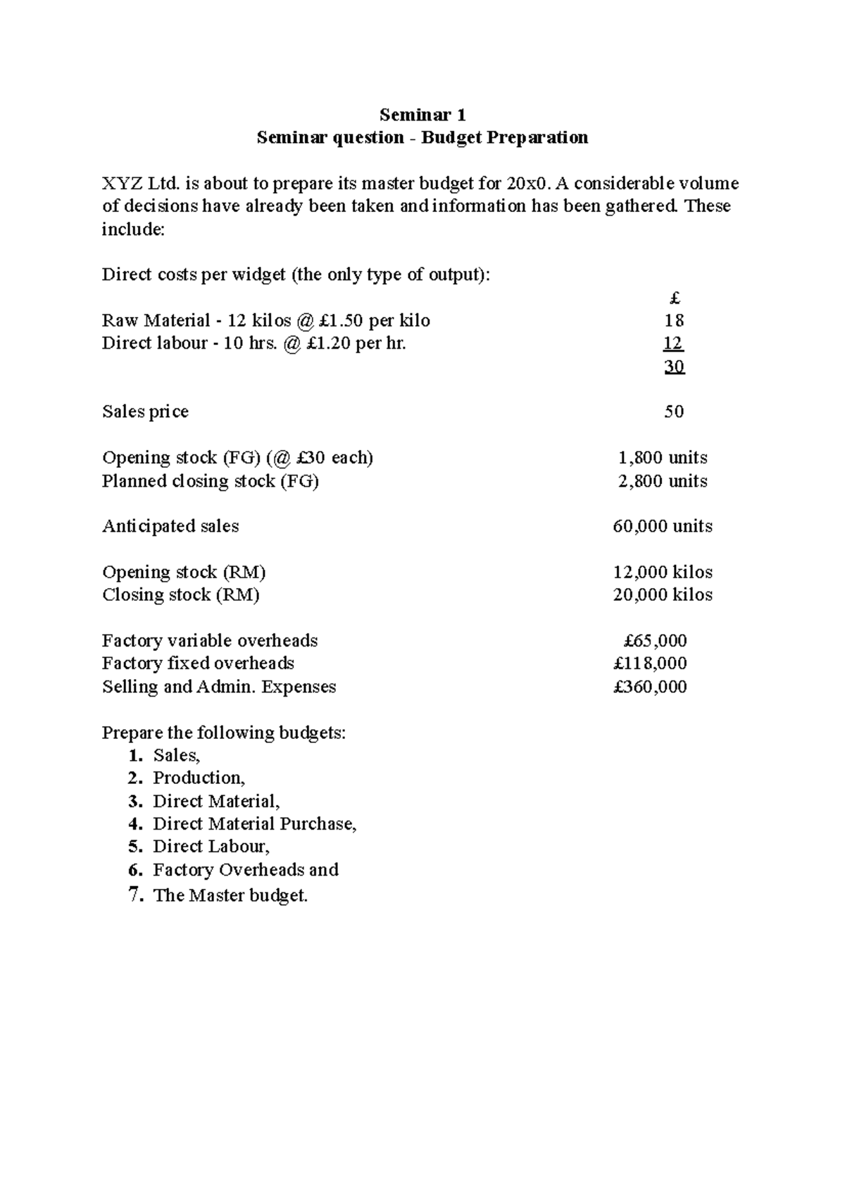 Seminar 1 Master budgeting - Seminar 1 Seminar question - Budget ...
