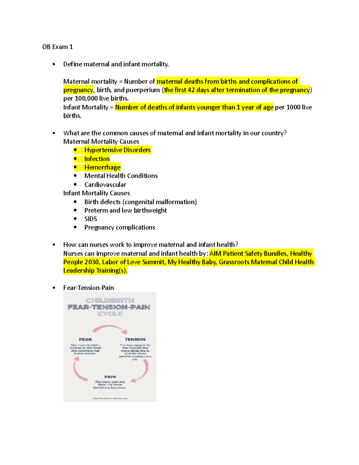 OB Exam 1 - Key Concepts - OB Exam 1 Define maternal and infant ...