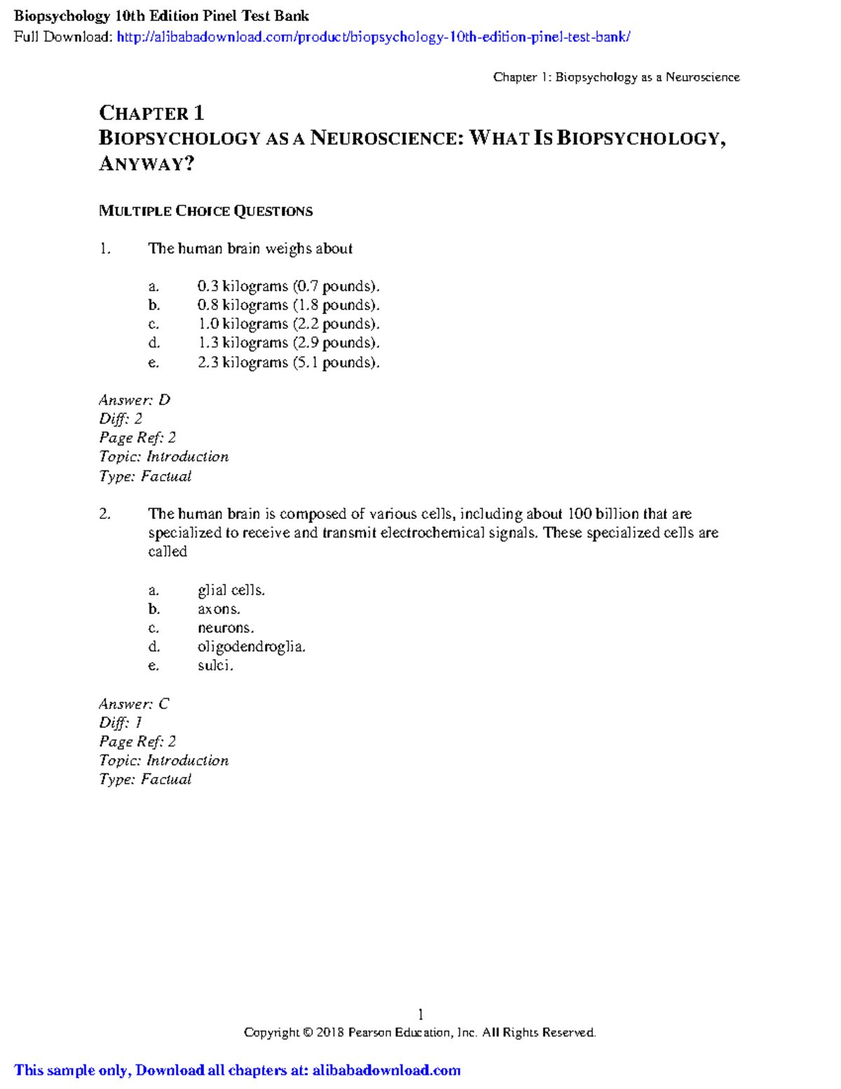 Biopsychology 10th edition pinel test bank 190405005950 - Chapter 1 ...