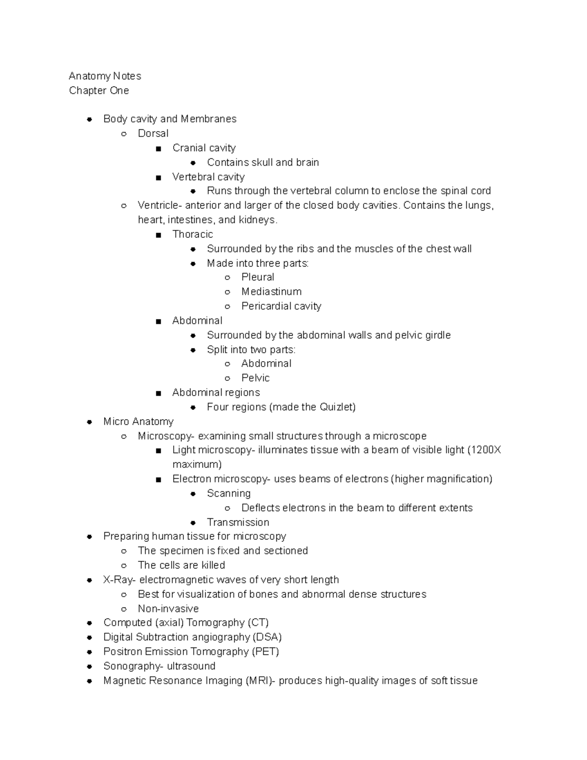 Anatomy Notes Chapter 1 - Anatomy Notes Chapter One Body cavity and ...