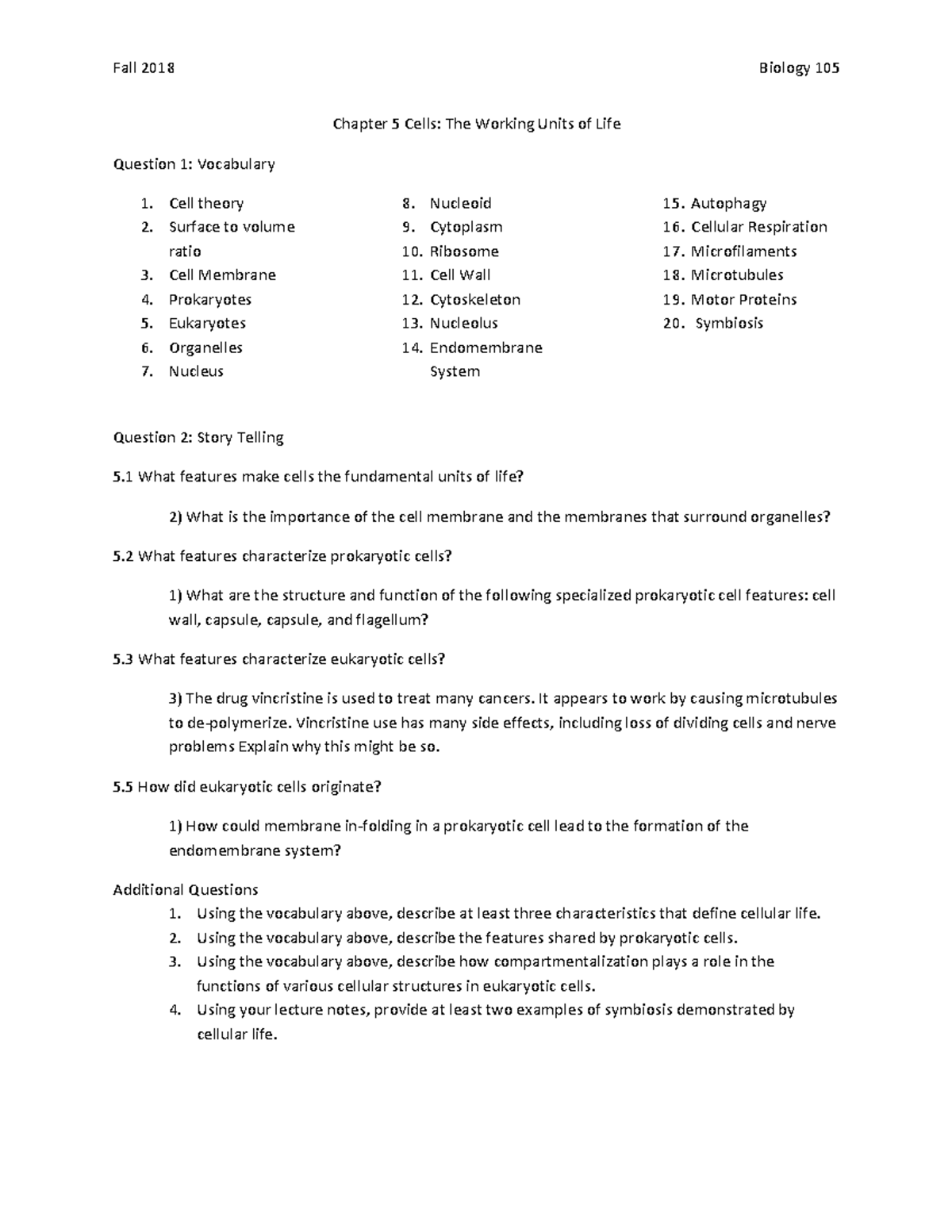 Chapter 5 Study Questions - Fall 2018 Biology 105 Chapter 5 Cells: The ...