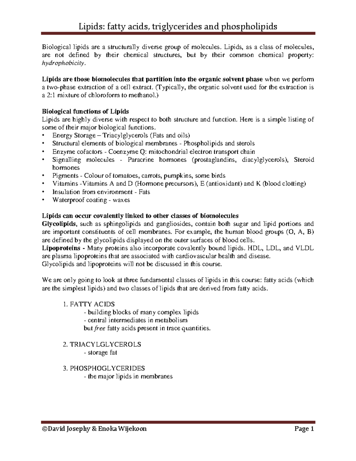 Lipids - Notes for class - Biological lipids are a structurally diverse ...