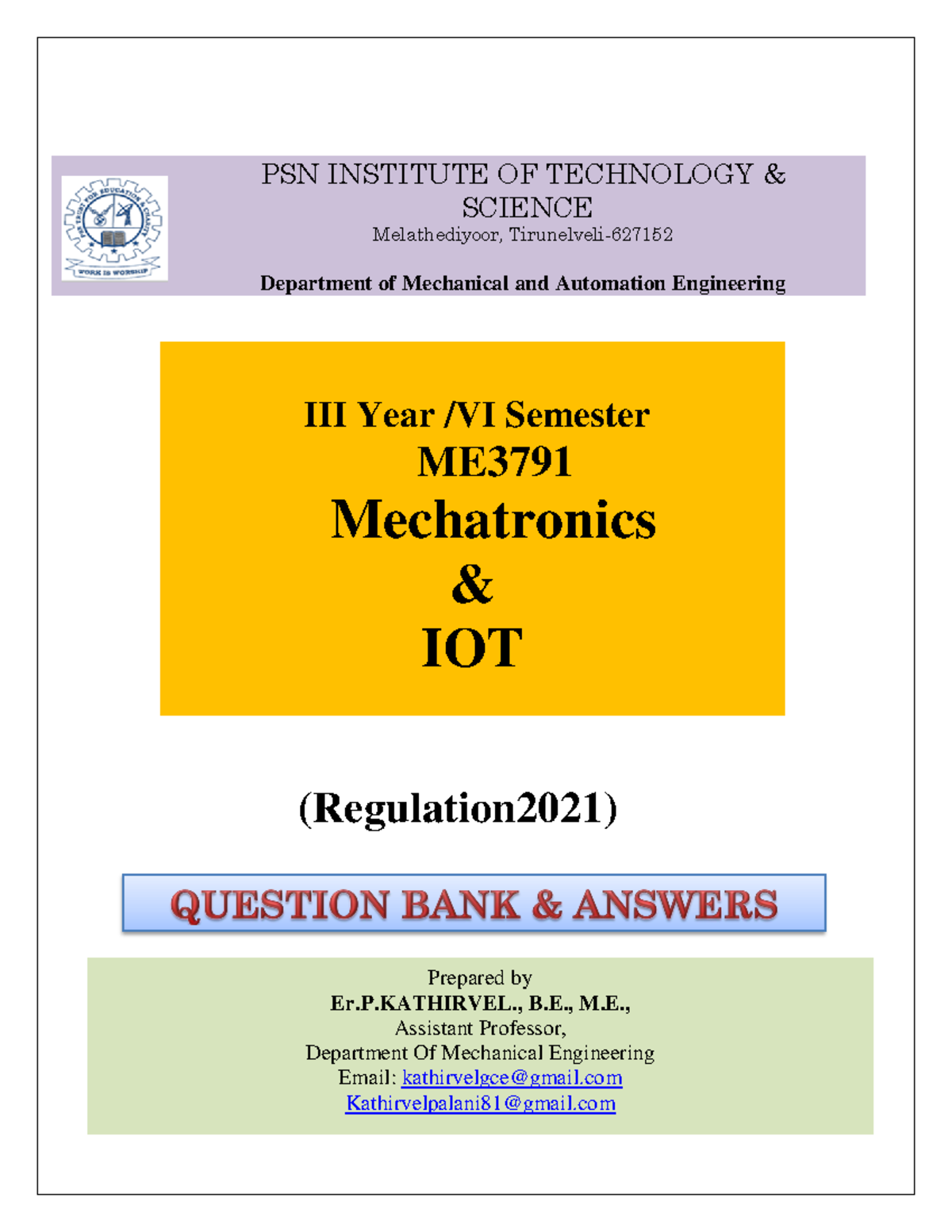 1UNIT III ME3791 MTS & IOT QB with answer - (Regulation2021) PSN INSTITUTE OF TECHNOLOGY & - Studocu