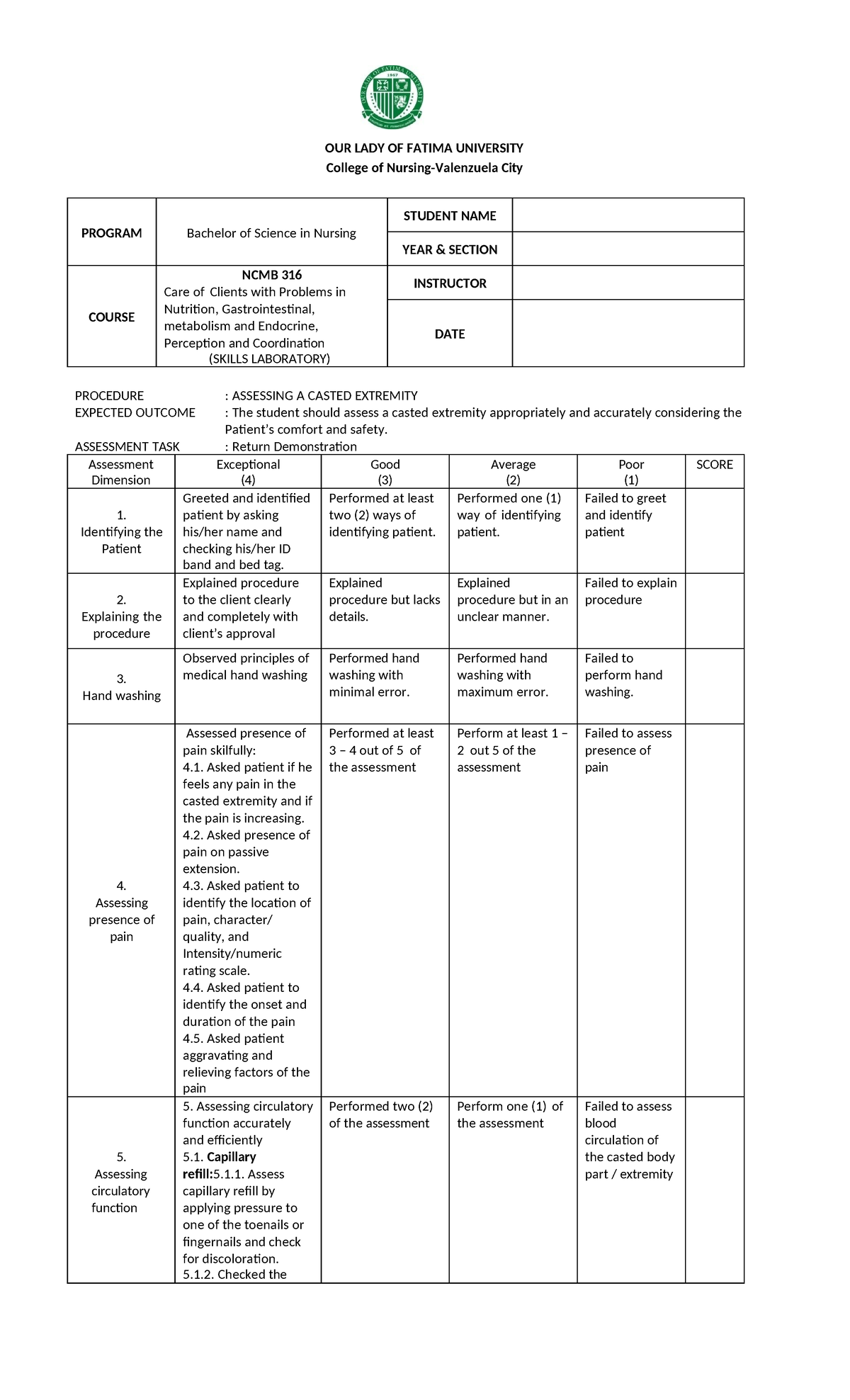Assessing a Casted Extremity - OUR LADY OF FATIMA UNIVERSITY College of ...