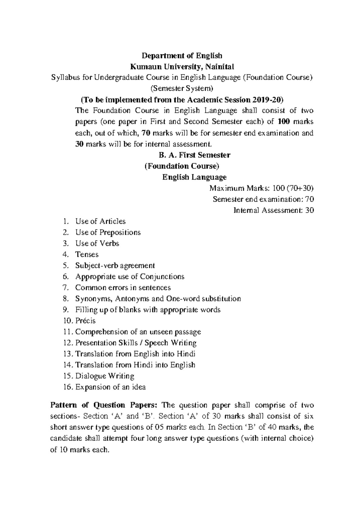 UG (English) Syllabai -2019 - Department of English Kumaun University ...