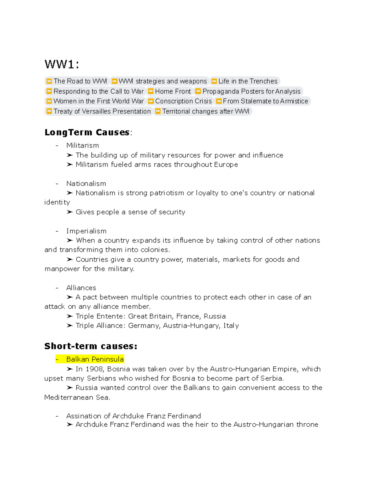 History Exam Review Notes - WW1: The Road to WWI WWI strategies and ...