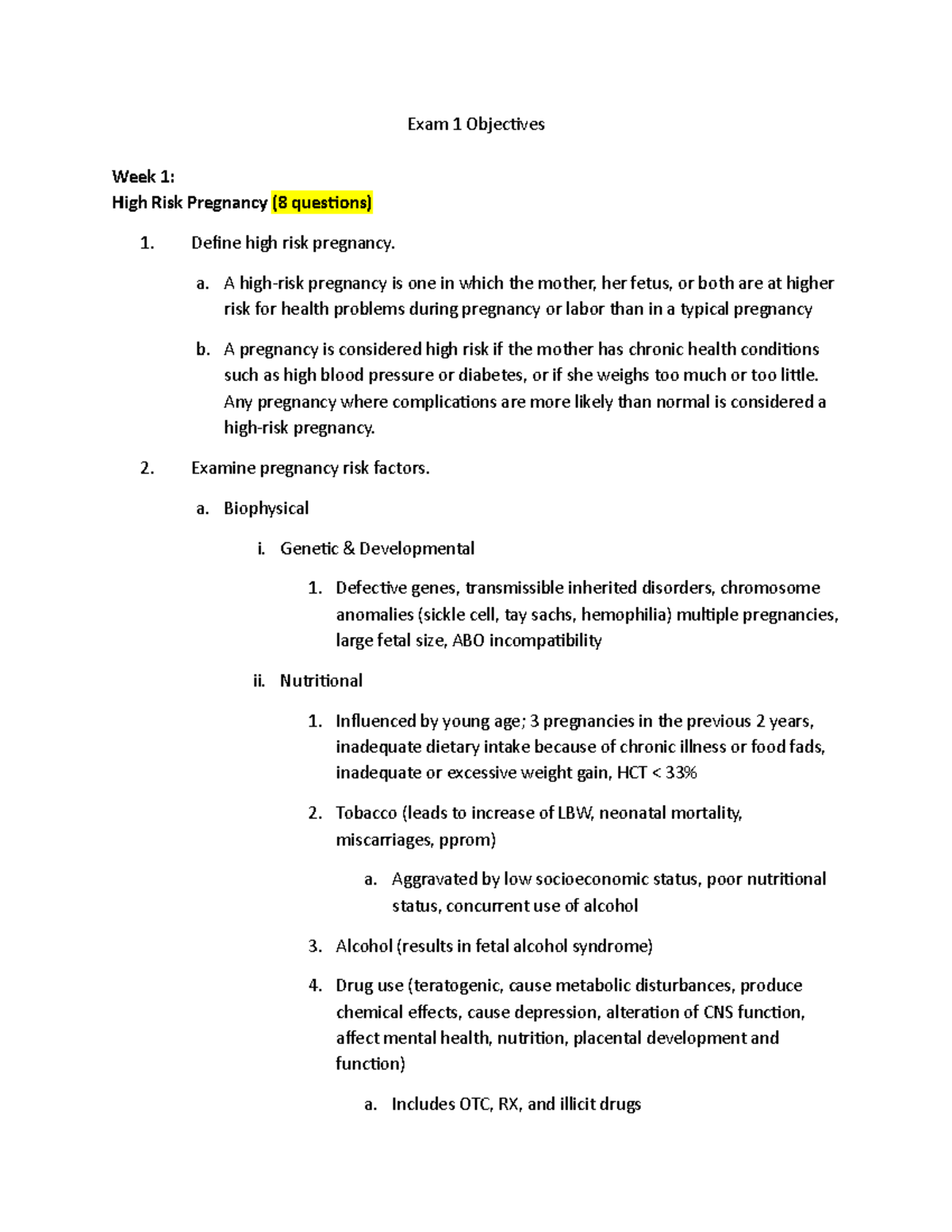 High Risk OB Exam 1 Objectives and Notes - Exam 1 Objectives Week 1 ...