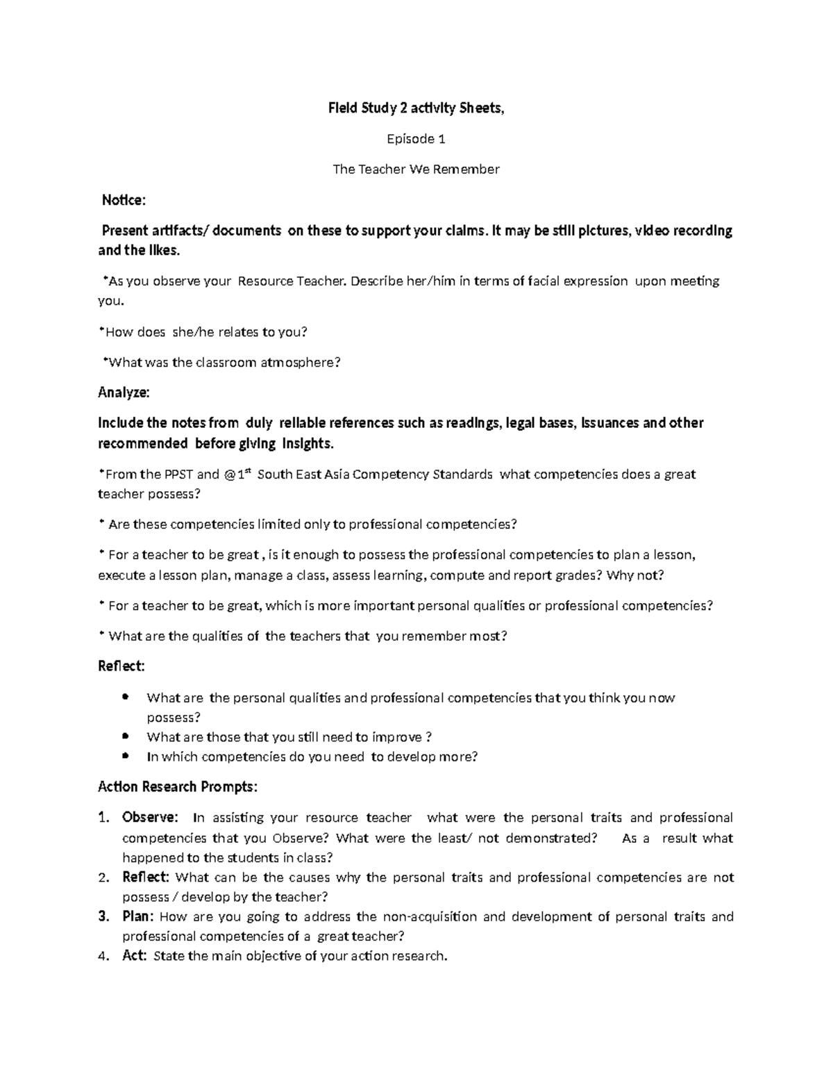 Field Study 2 Activity Sheets - Field Study 2 activity Sheets, Episode ...
