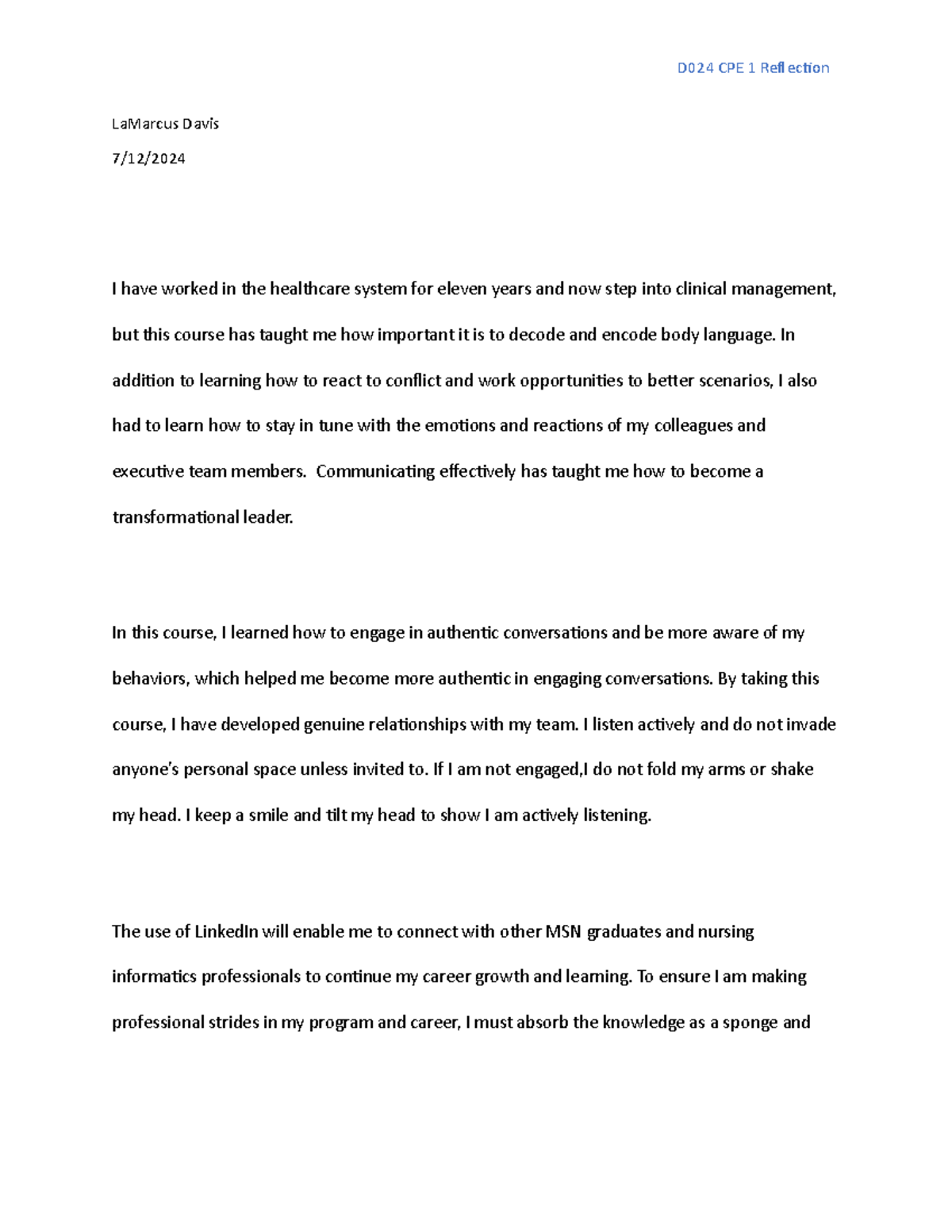 CPE Phase 1 Reflection - D024 CPE 1 Reflection LaMarcus Davis 7/12/ I ...