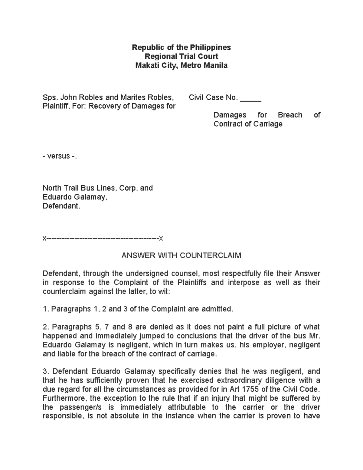 Sample of Complaint - Law notes - Republic of the Philippines Regional ...