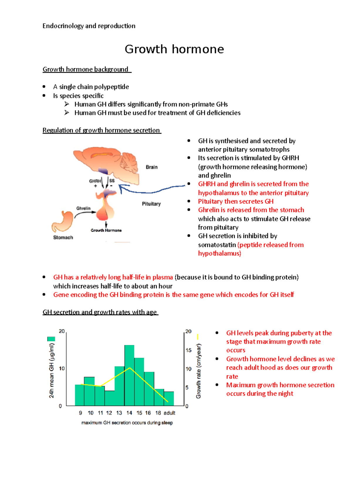 Growth hormone - Summary of lecture notes, red text is any additional ...