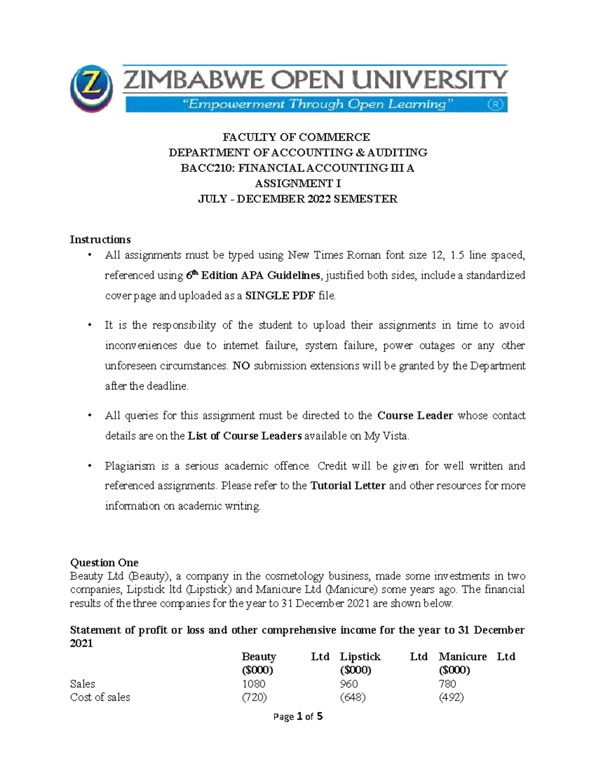 BACC210 Assignment 1 - FACULTY OF COMMERCE DEPARTMENT OF ACCOUNTING & AUDITING BACC210: - Studocu