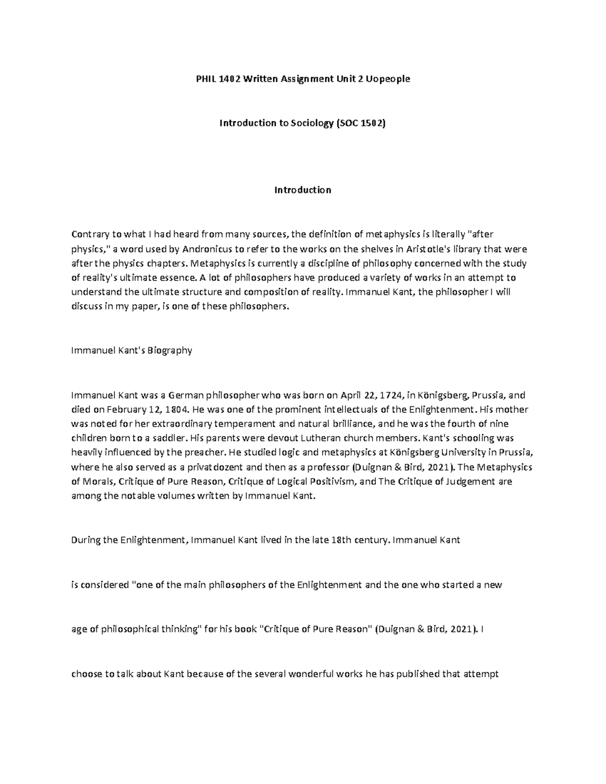 Introduction to Sociology (SOC 1502) - PHIL 1402 Written Assignment ...