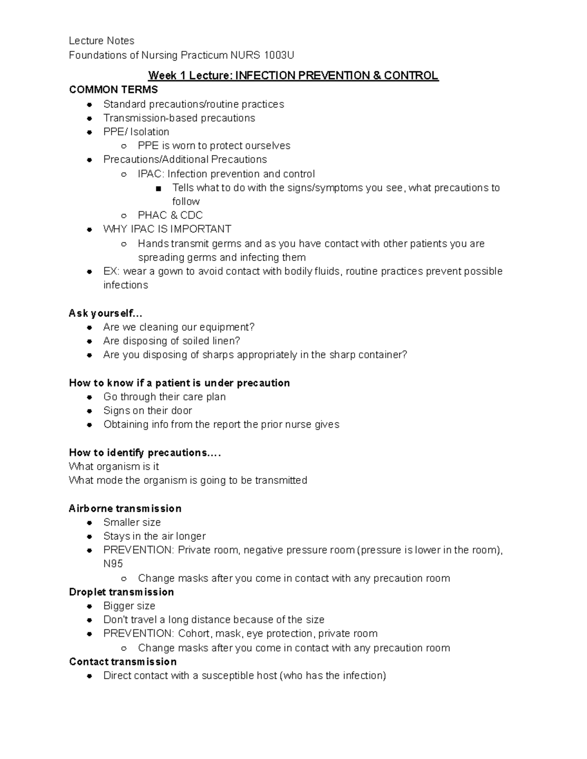 NURS 1003U In-class lectures notes - Google Docs - Lecture Notes ...