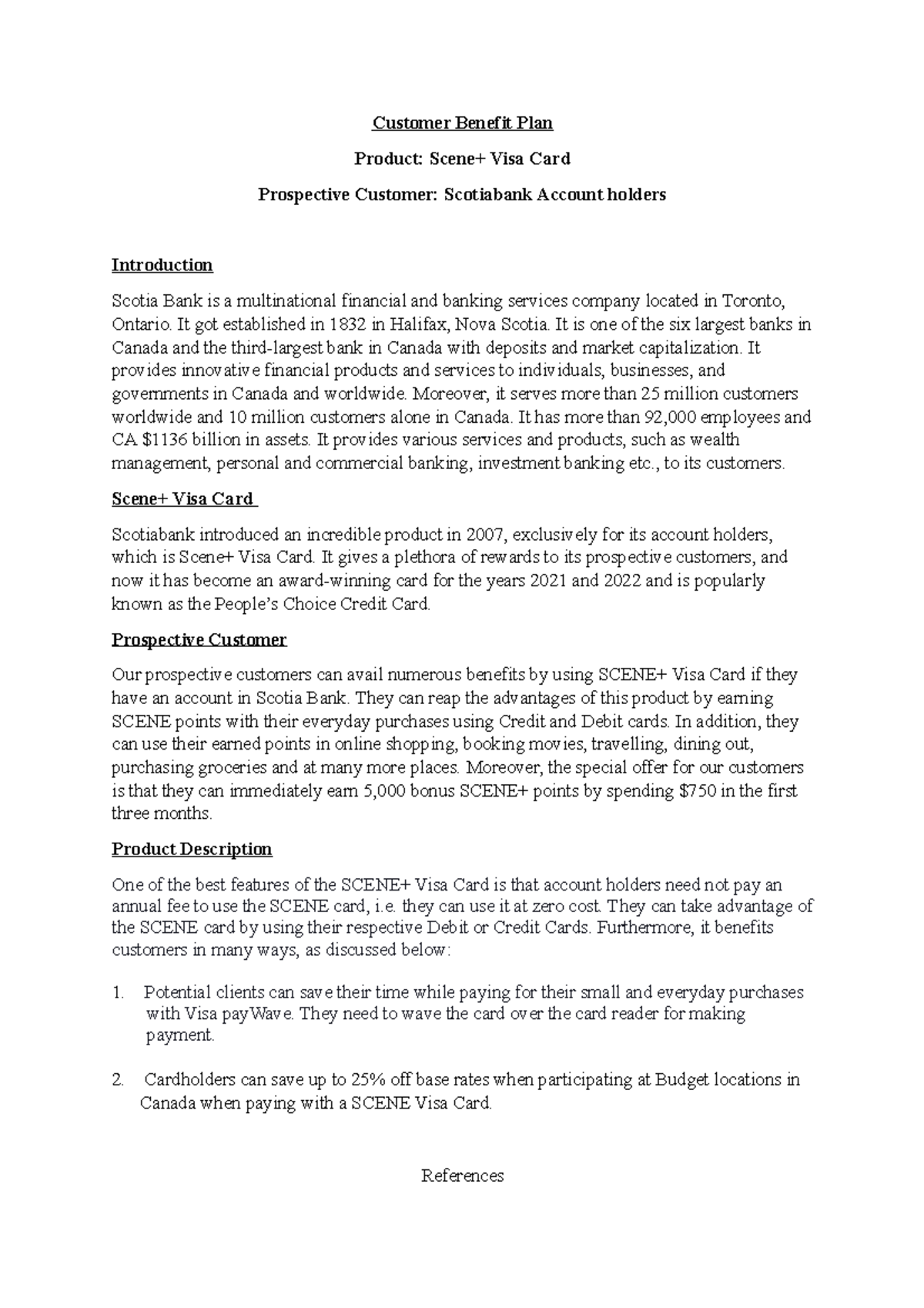 CBP Assignment - Customer Benefit Plan Product: Scene+ Visa Card ...
