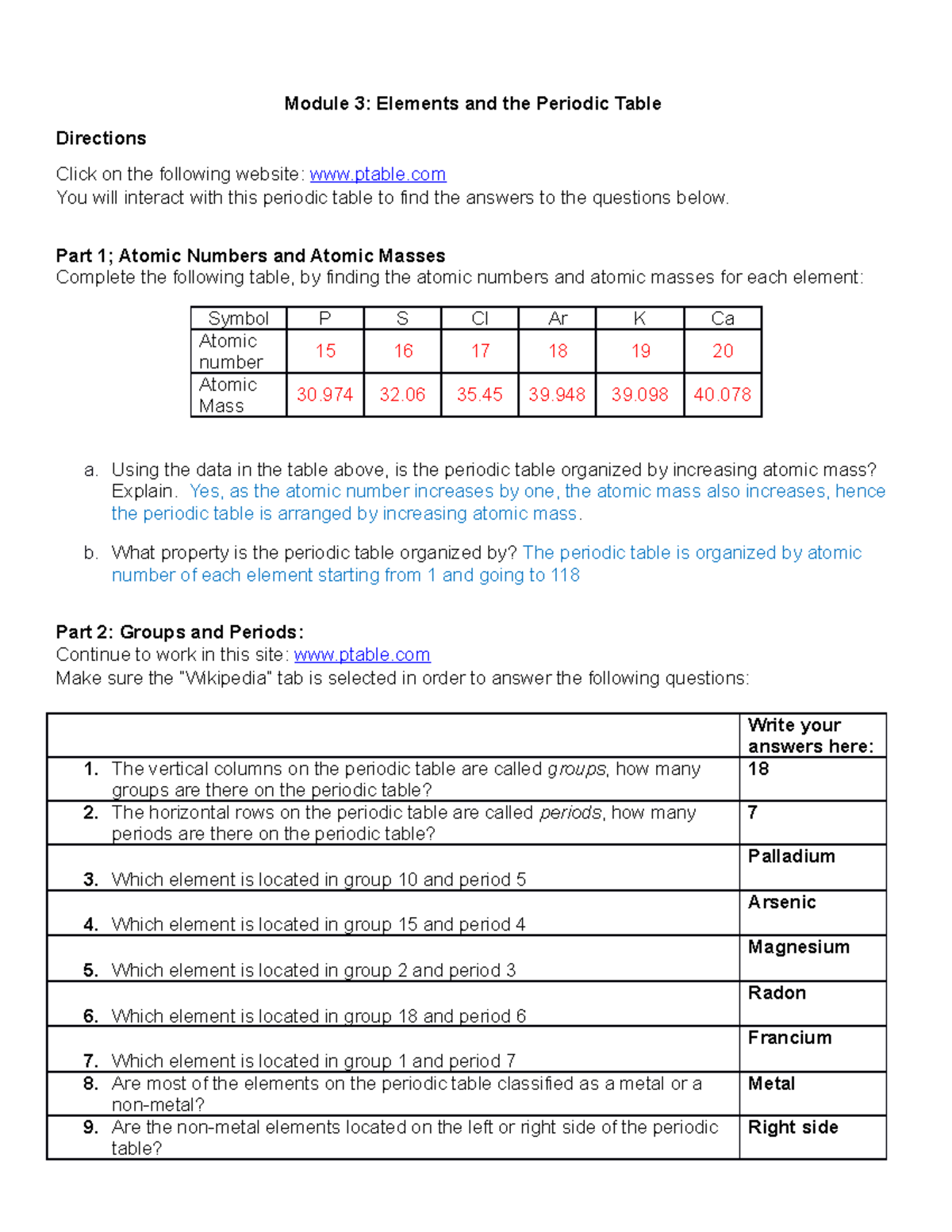 Module 3 lab 1 - Module 3: Elements and the Periodic Table Directions ...