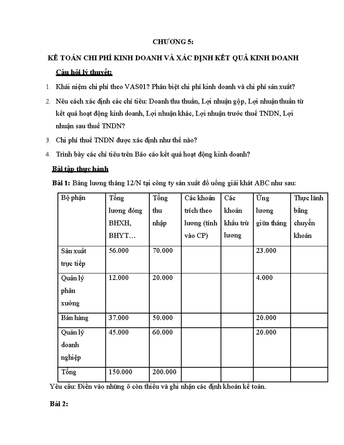 BT KTTC Chuong 5 - CHương 5 - CH ̄¡NG 5: K¾ TOÁN CHI PHÍ KINH DOANH VÀ XÁC ÞNH K¾T QU¾ KINH ...
