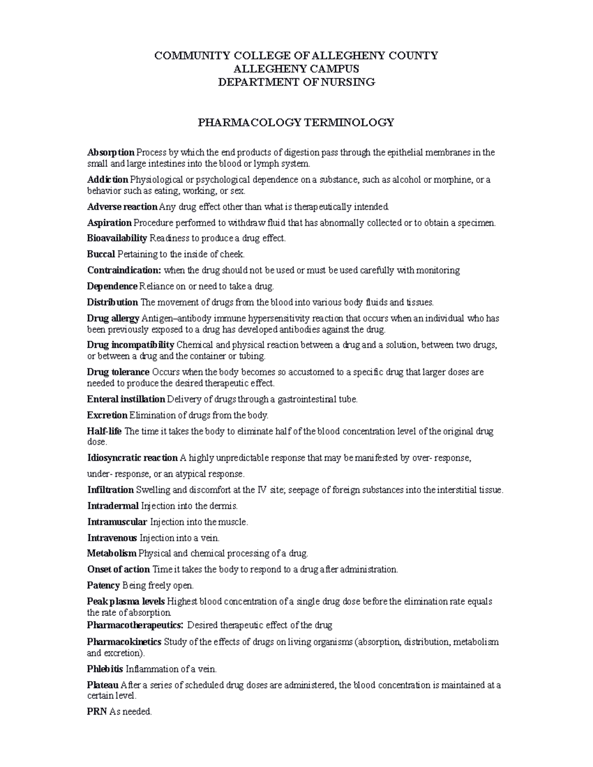 SU 21-Principles of pharmacology reference sheet - COMMUNITY COLLEGE OF ...