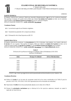 Examen junio 2019 - exámenes historia - HISTORIA ECONÓMICA 1º GRADO EN ADE 1º GRADO EN ...