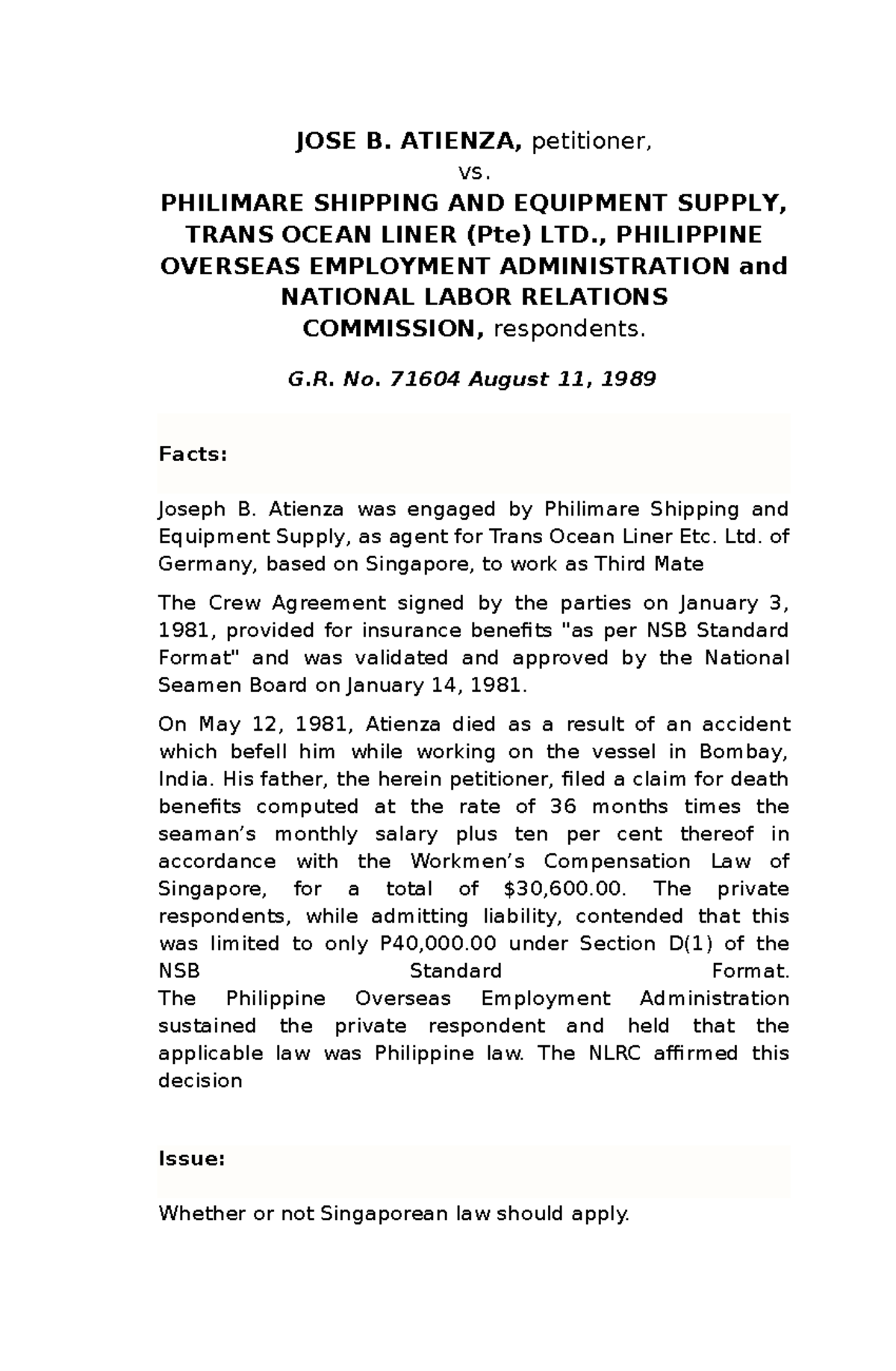 Atienza v. Philimare Shipping - JOSE B. ATIENZA, petitioner, vs ...