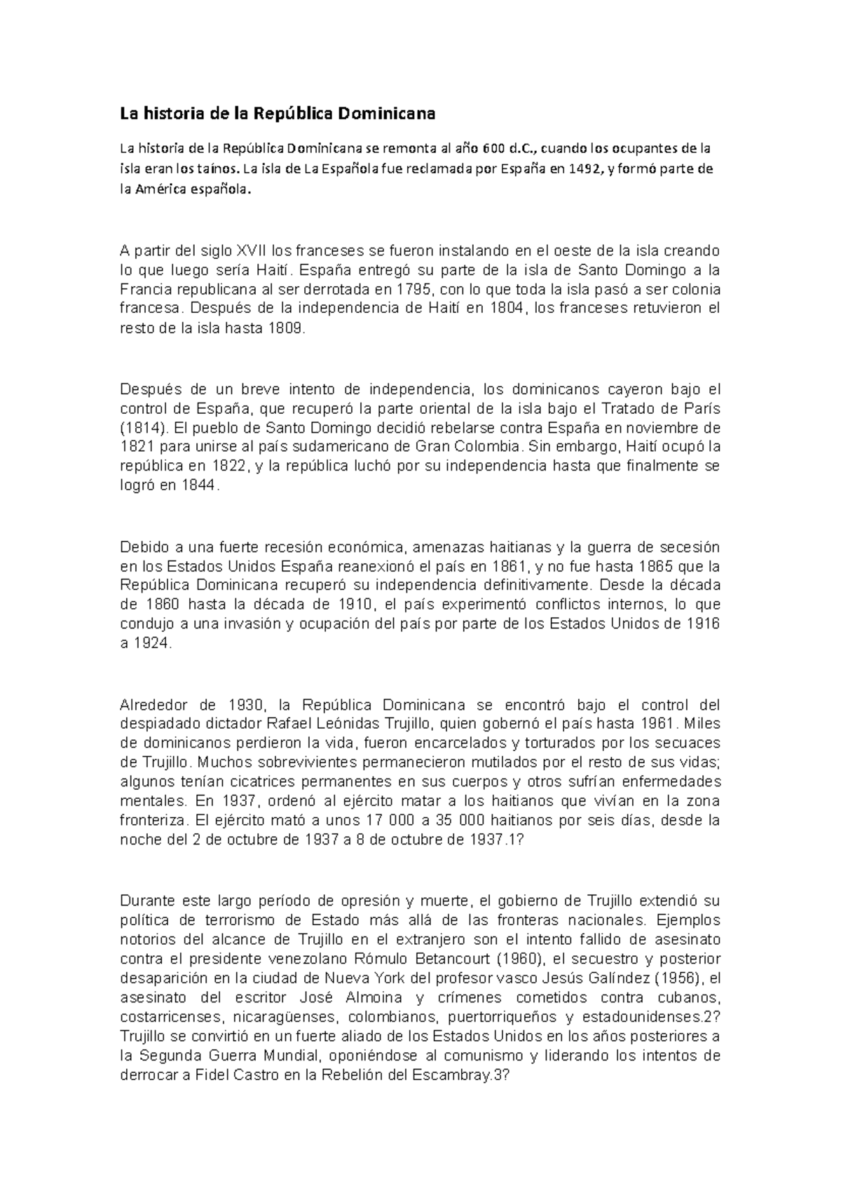 Resumen amplio de la historia y evolucion de la Republica Dominicana ...
