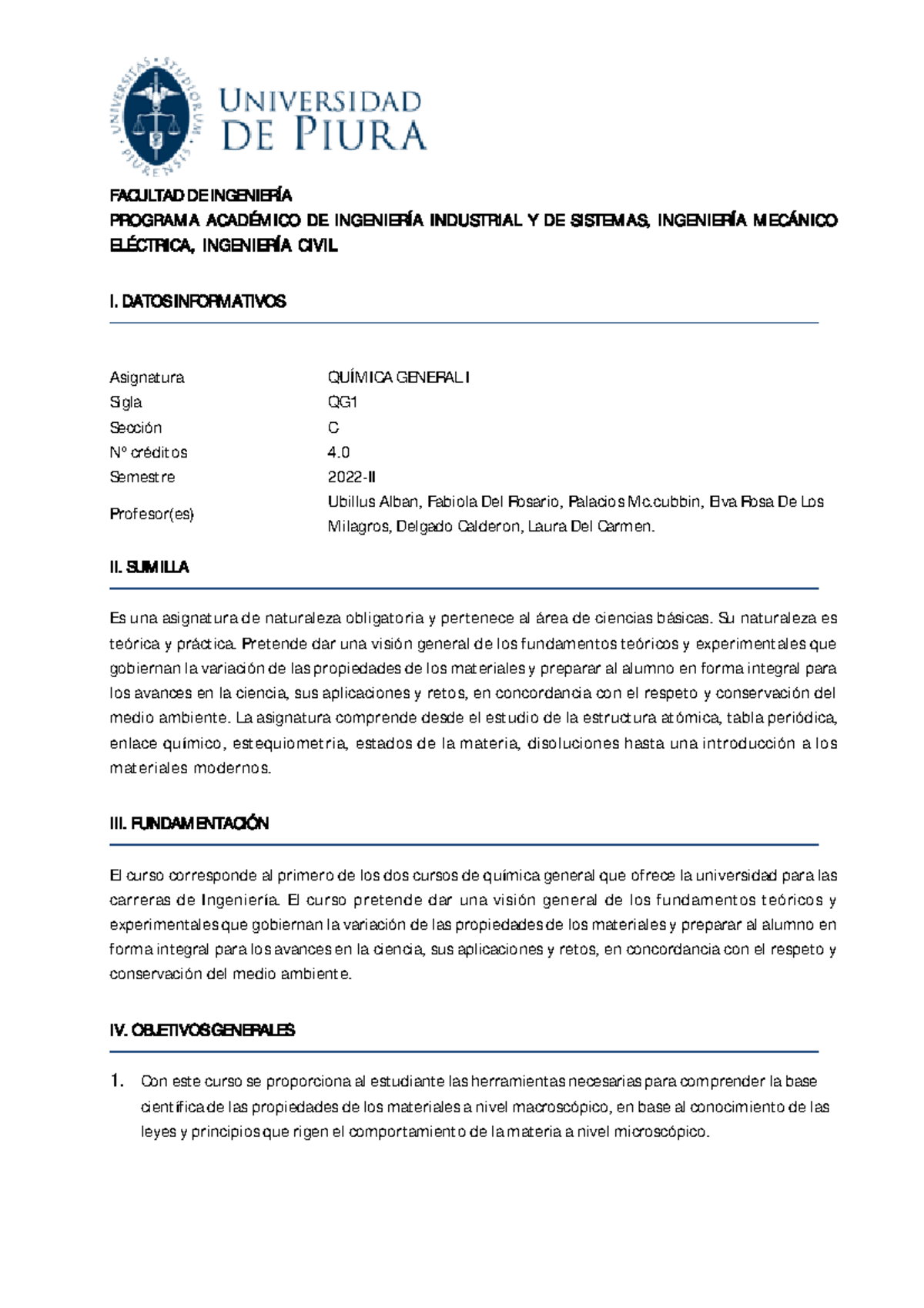 Silabo Química General I C 2022-II - 1. FACULTAD DE INGENIERÍA PROGRAM ...