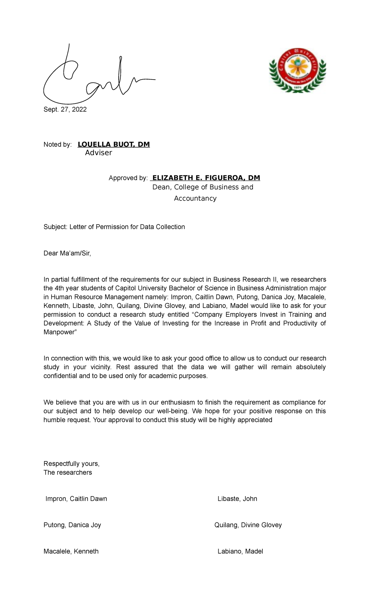 Letter for Data Collection - Changing Majors - Sept. 27, 2022 Noted by ...