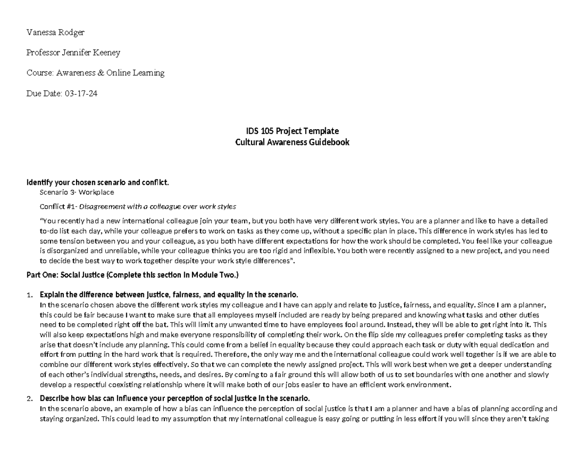 IDS 105 Project Template - Professor Jennifer Keeney Course: Awareness ...