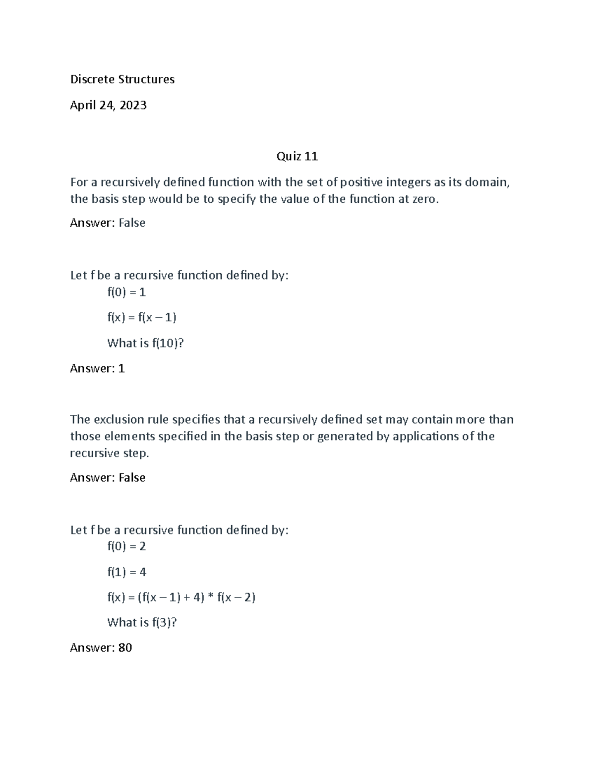Quiz 11 Answers Discrete Structures April 24 2023 Quiz 11 For A Recursively Defined Function