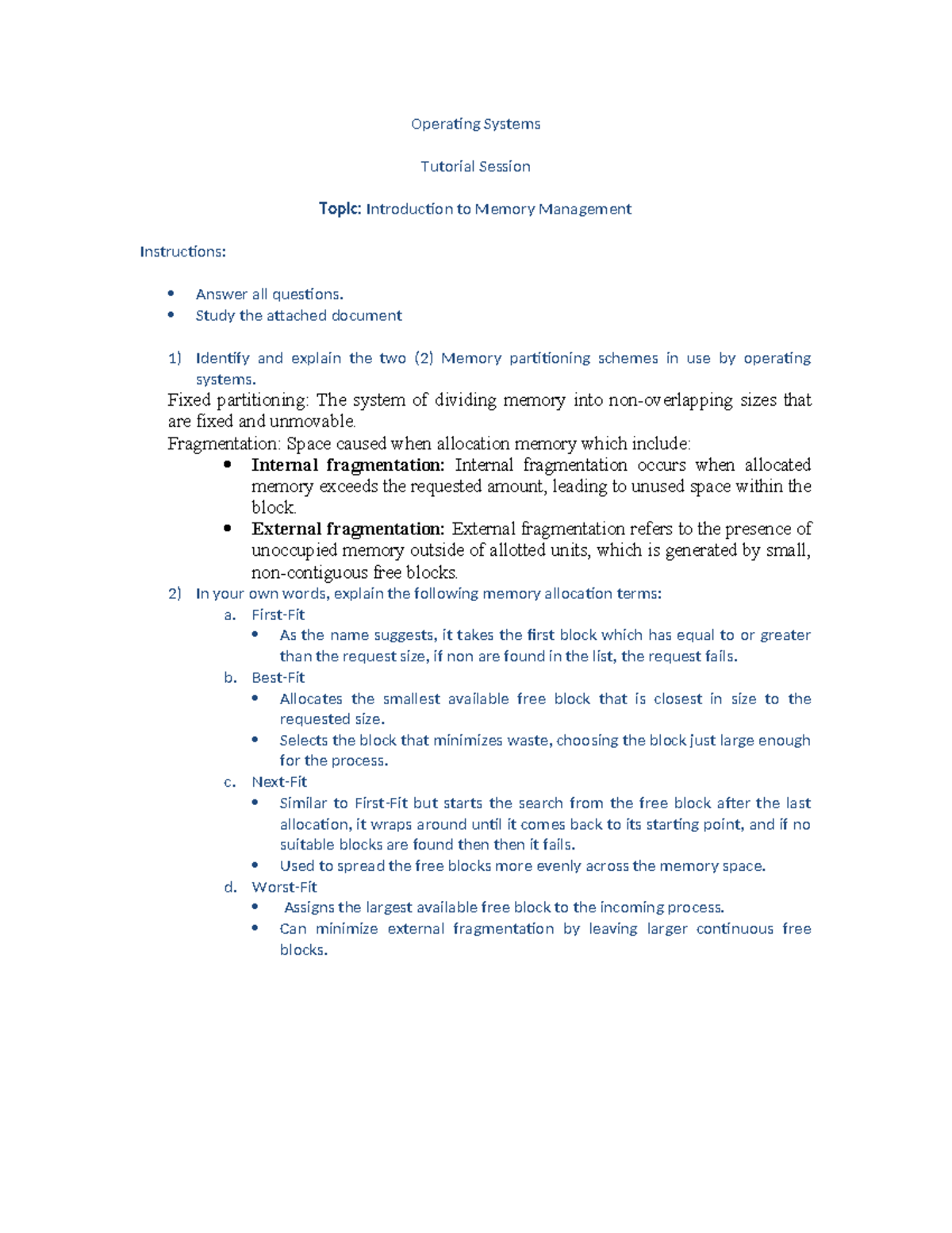 Tutorial Session Topic Introduction To Memory Management Operating