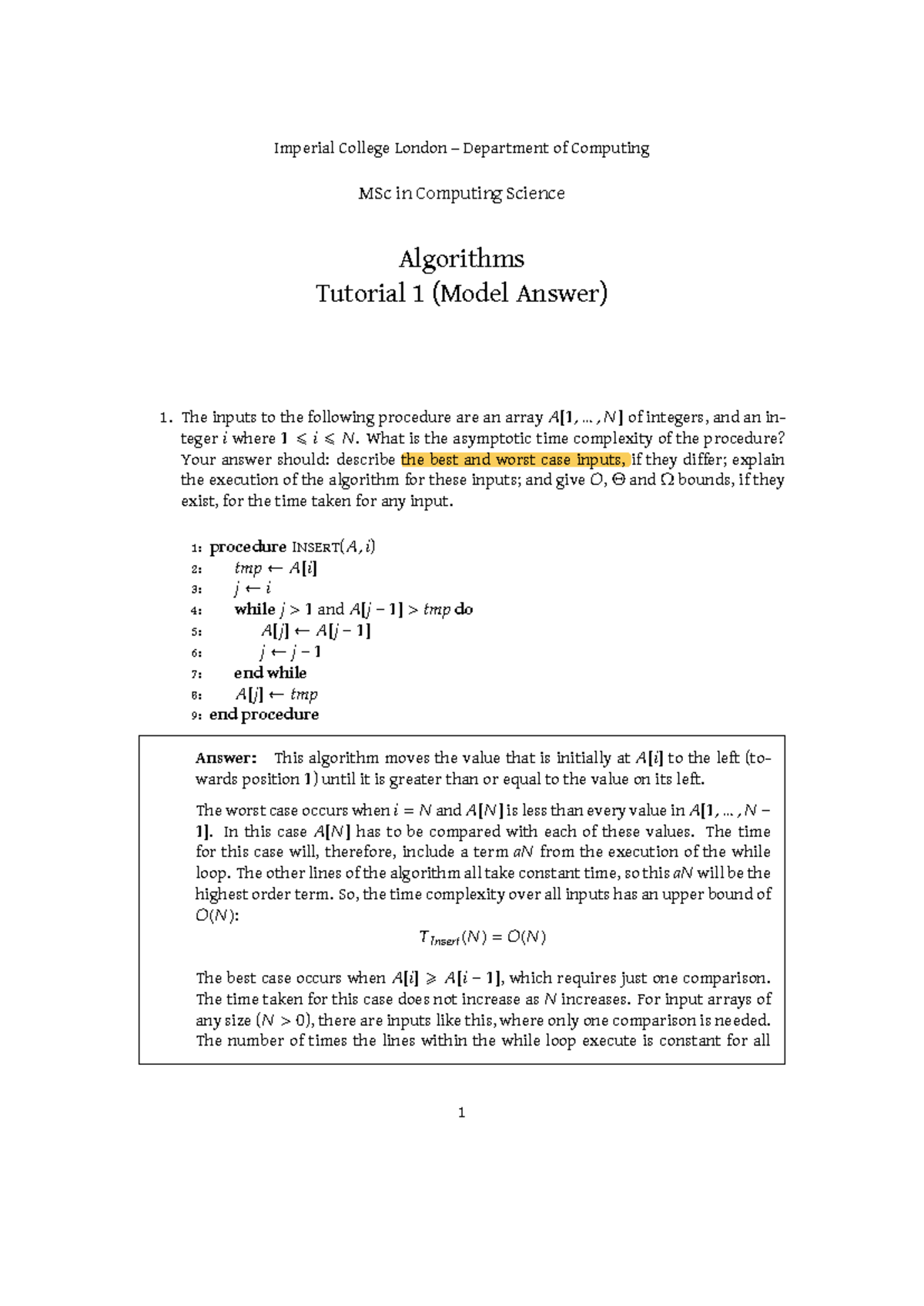 Complexity answer - Imperial College London – Department of Computing MSc in Computing Science ...