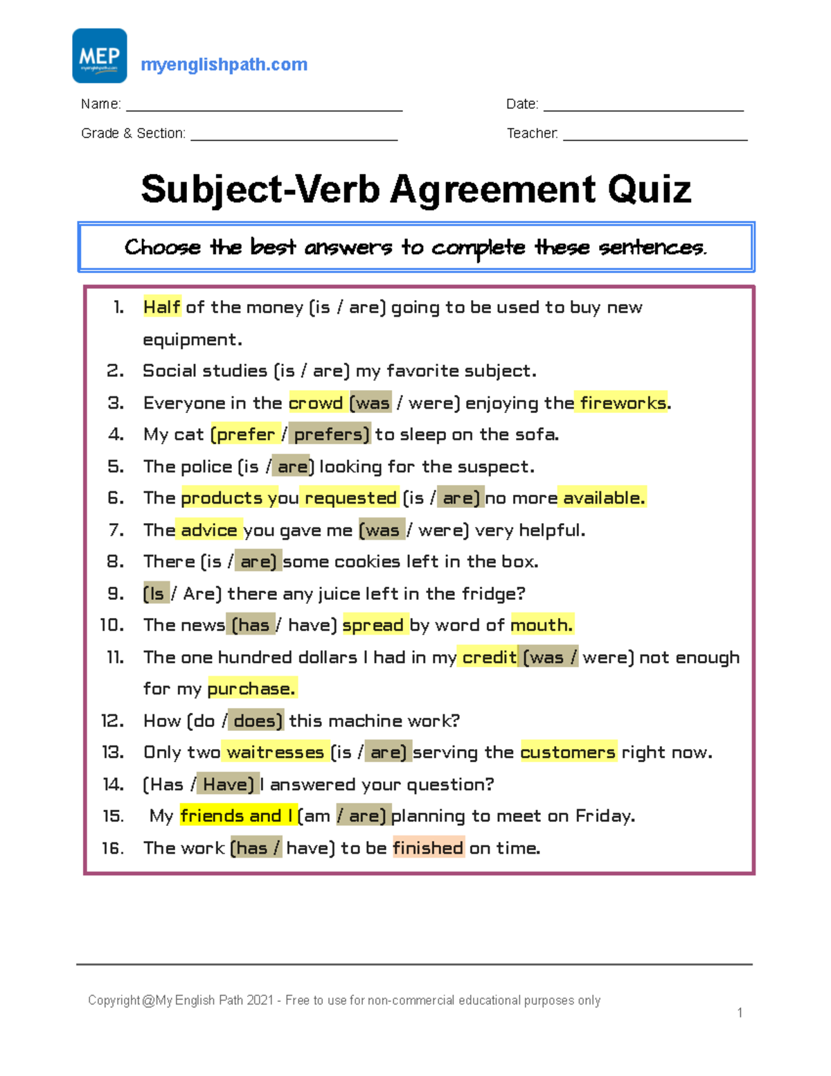 Subject Verb Agreement Quiz with Answers - Subject-Verb Agreement Quiz ...