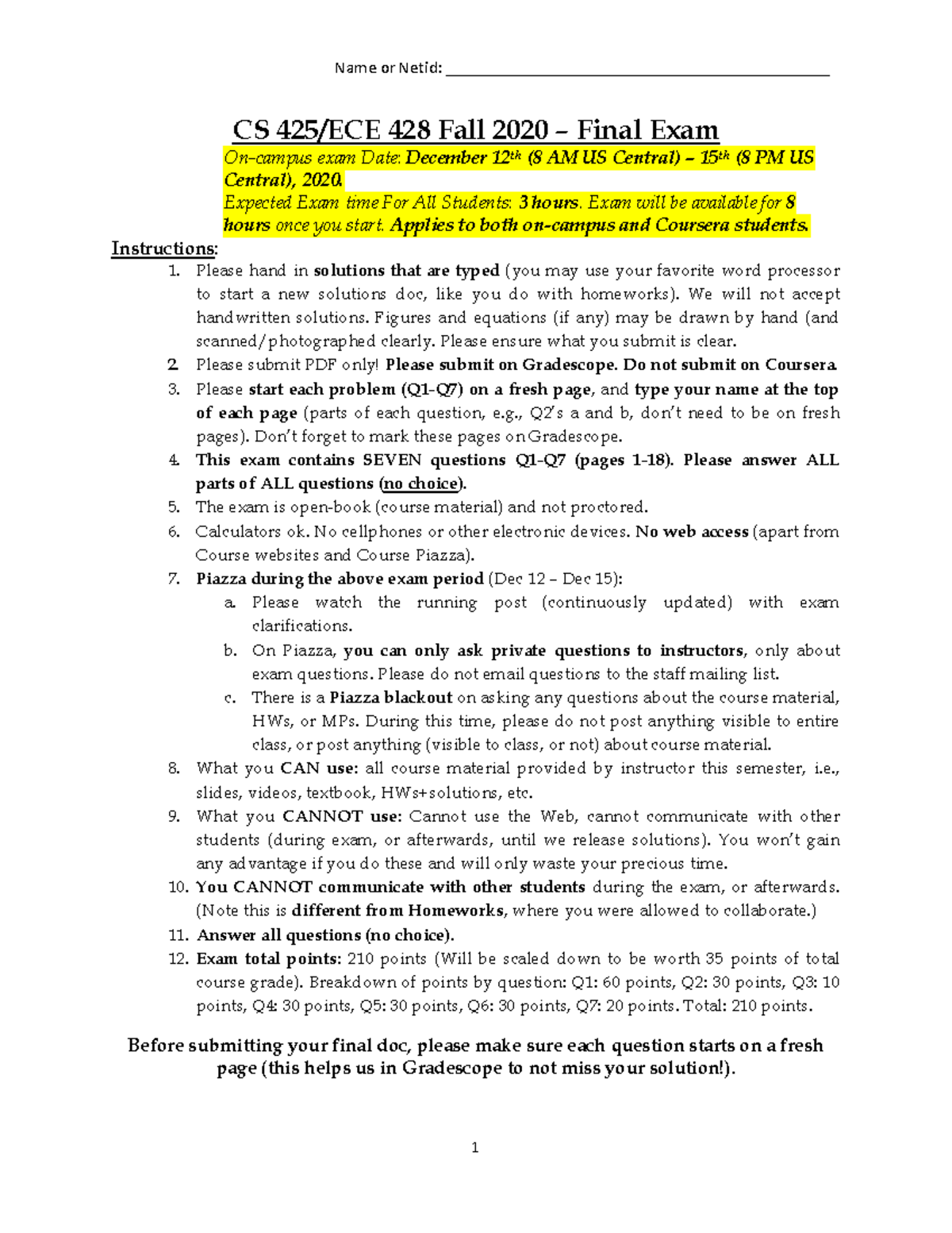 Final - .,,, - CS 425 /ECE 428 Fall 2020 – Final Exam On-campus exam ...