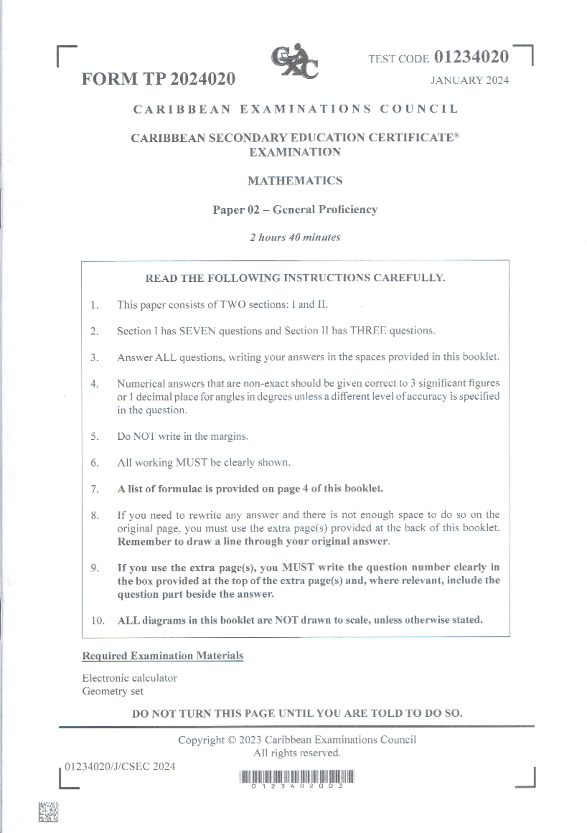 CSEC Math Jan 2024 - Specimen math paper 2 - pure mathematics - Studocu